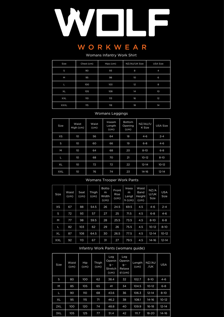 Women's Sizing Guides – Wolf Workwear